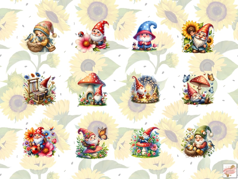 60 Cute Watercolor Garden Gnomes Clipart Bundle, Spring Garden Clipart ...