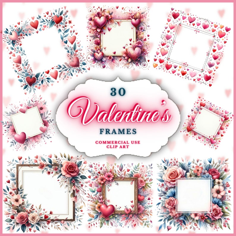 Valentines Watercolor Heart Border Clipart Heart Floral Frame PNG ...