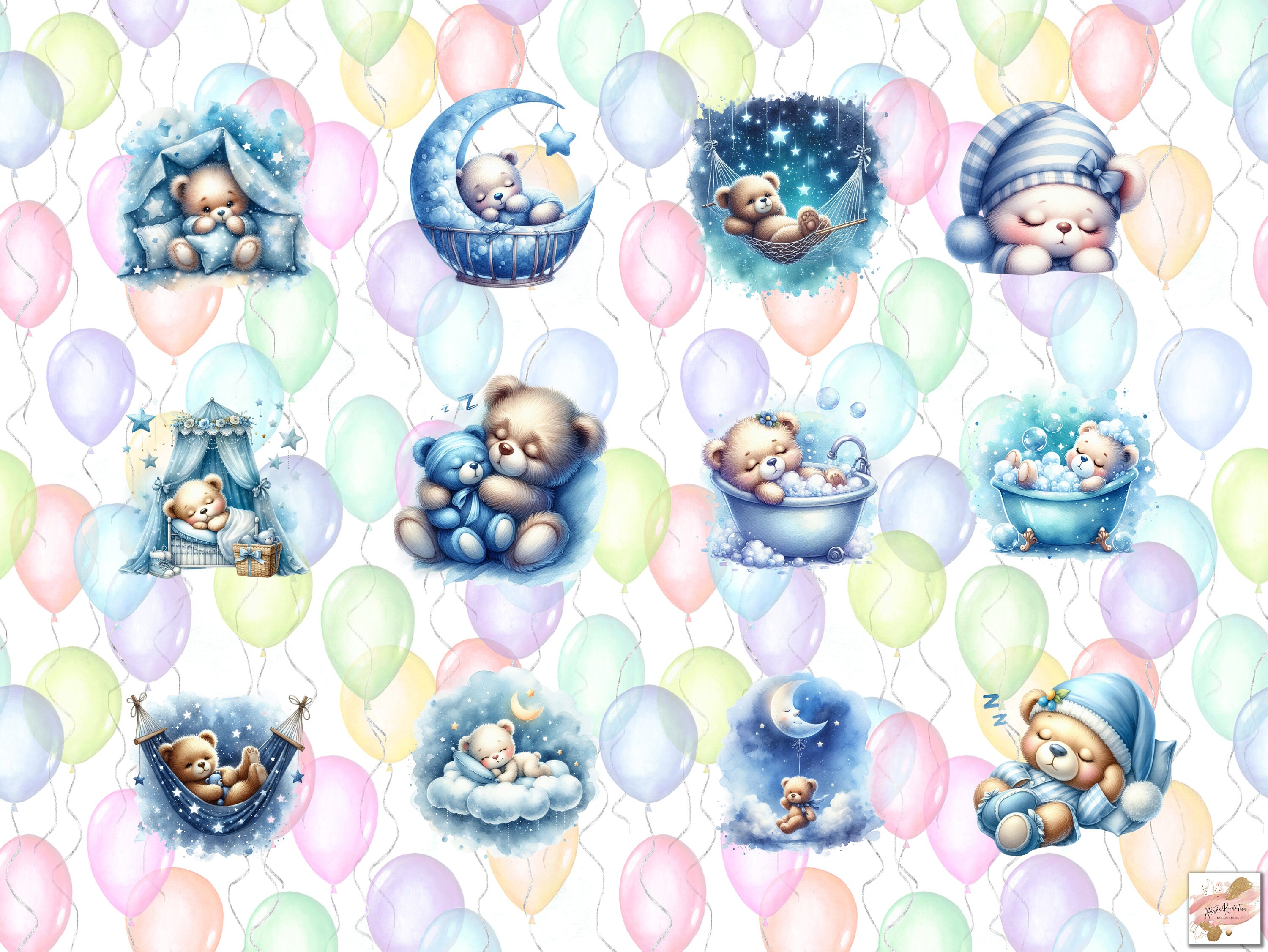 66 Cute Watercolor Teddy Bear Clipart Bundle, Sleeping Teddy Bears ...