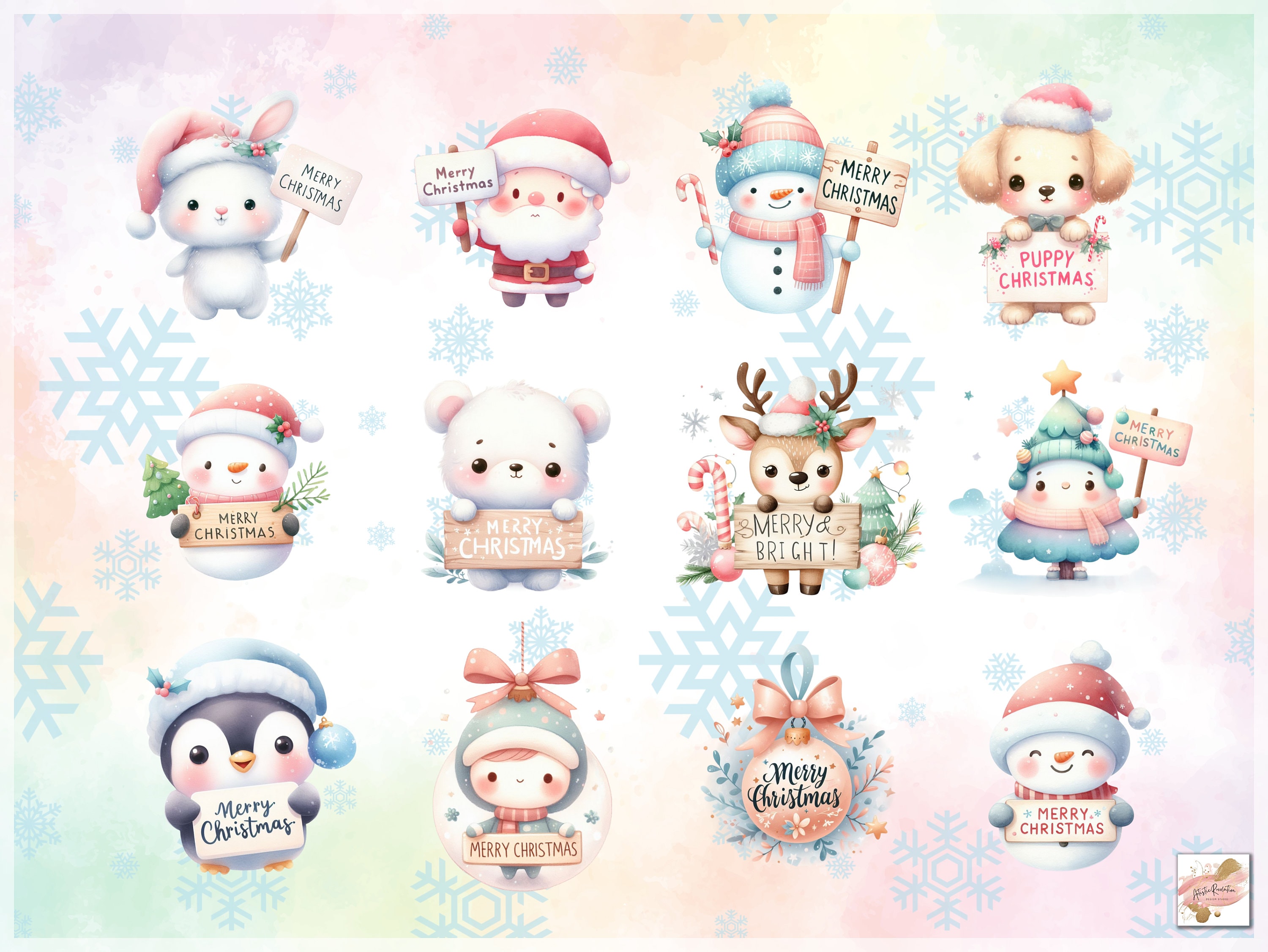 Cute Merry Christmas Clipart Bundle, Watercolor Cute Christmas Clip Art ...