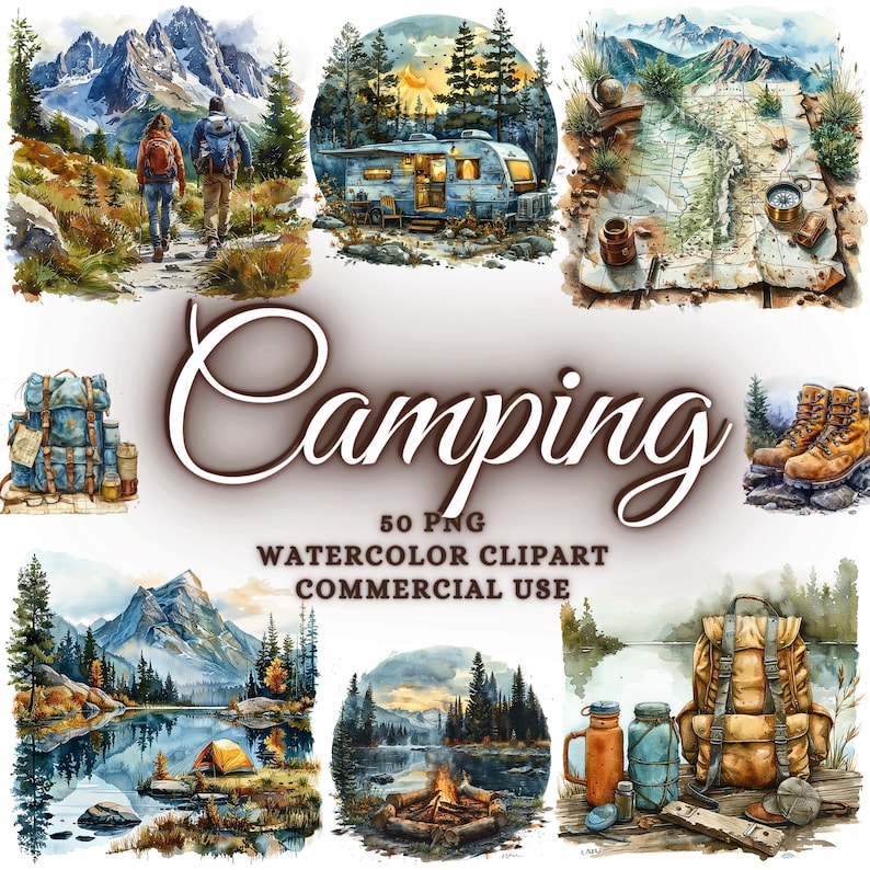 Watercolor Camping Clipart Bundle, Vacation Holiday Graphics, Mountain ...
