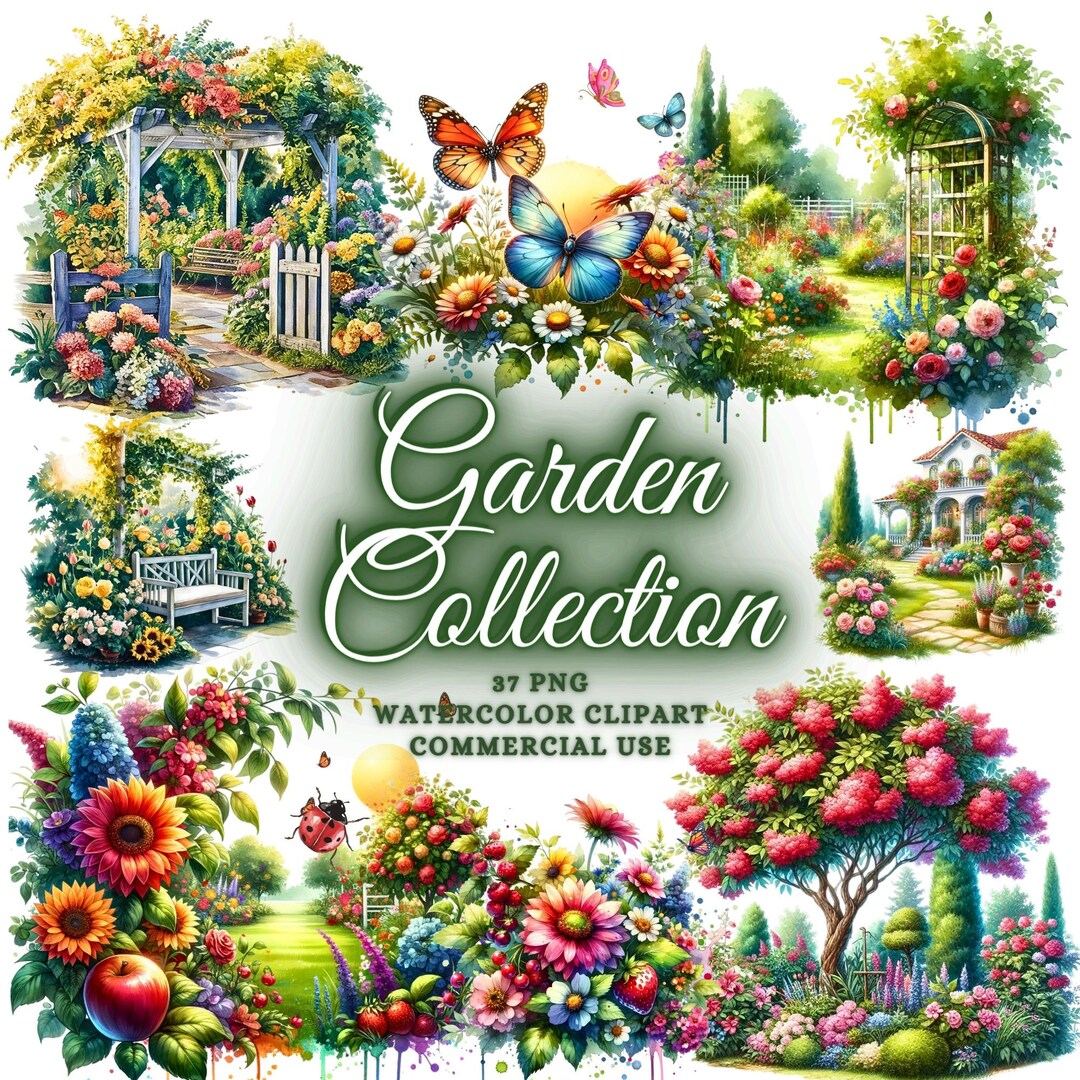 Watercolor Summer Garden Clipart Bundle, Gardening Clipart, Summer ...