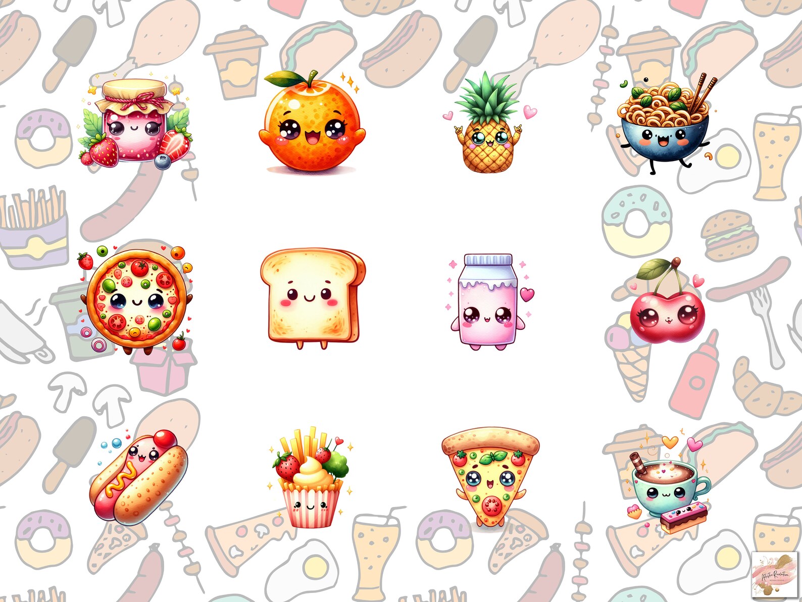 120 Cute Kawaii Food Clipart Bundle, Watercolor Food Clipart, Food Png ...