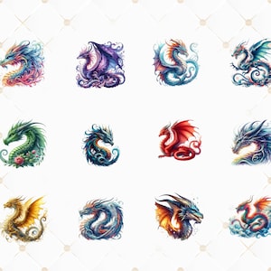 60 Watercolor Fantasy Dragons Clipart Bundle, Watercolor Dragons ...