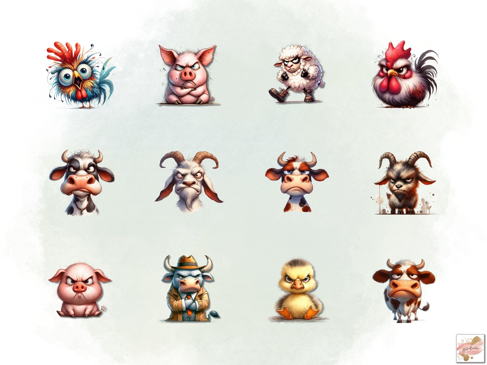 40 Watercolor Grumpy Baby Farm Animals Clipart Bundle, Grumpy Farm ...