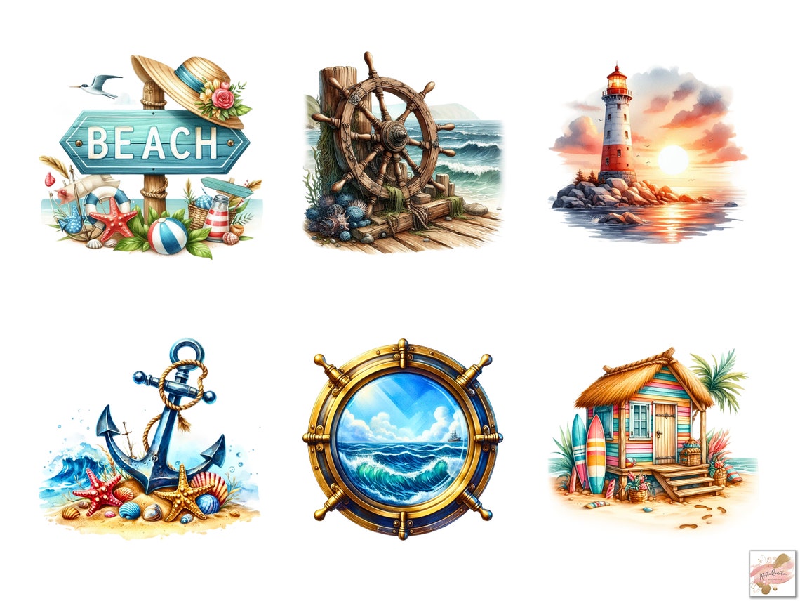 Watercolor Nautical Collection Clipart, 21 PNG, Beach Clipart, Travel ...