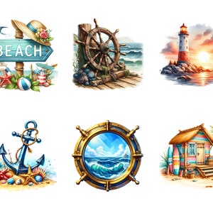 Watercolor Nautical Collection Clipart, 21 PNG, Beach Clipart, Travel ...