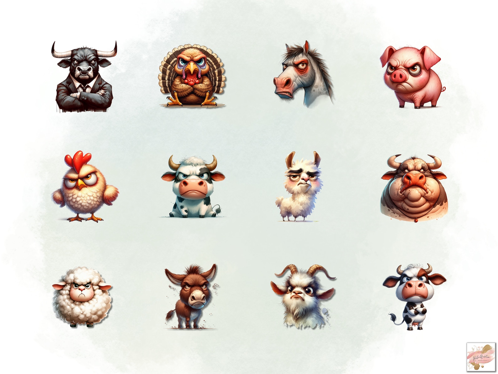 40 Watercolor Grumpy Baby Farm Animals Clipart Bundle, Grumpy Farm ...
