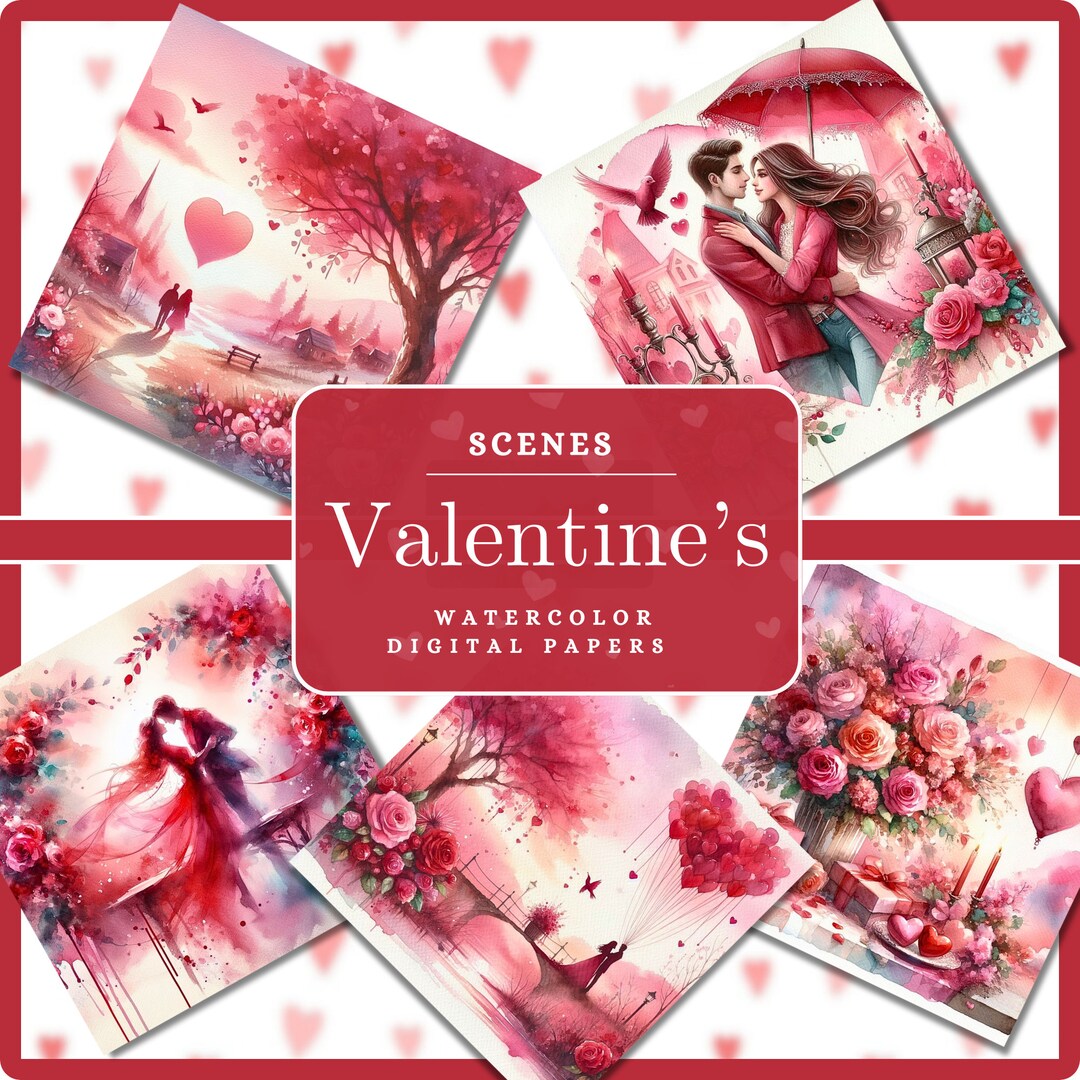 53 Watercolor Scenes Valentine Digital Papers, Valentine's Day Scenes ...
