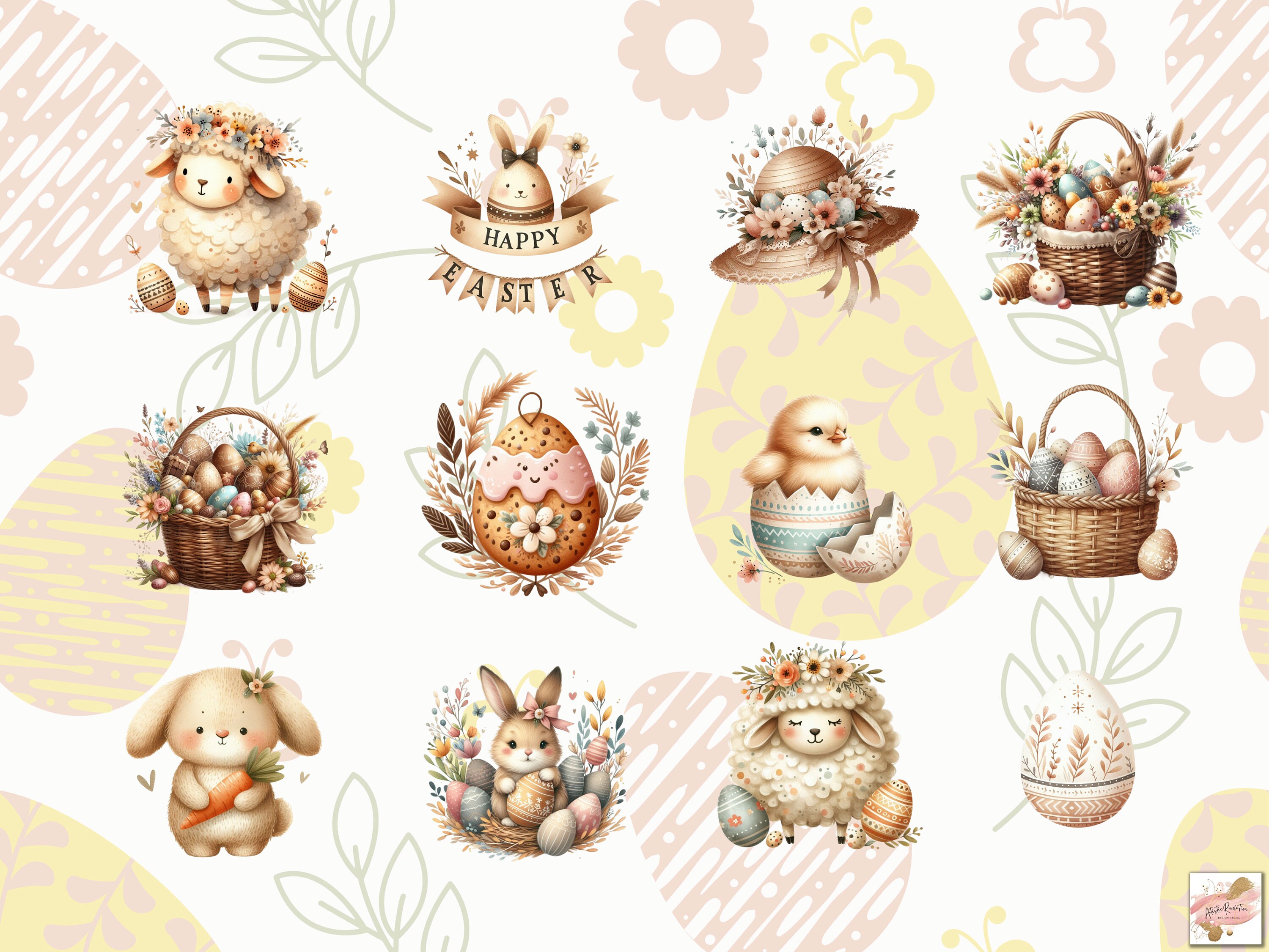 Boho Watercolor Easter Clipart Bundle, Easter Bunny, Easter Egg, Easter ...