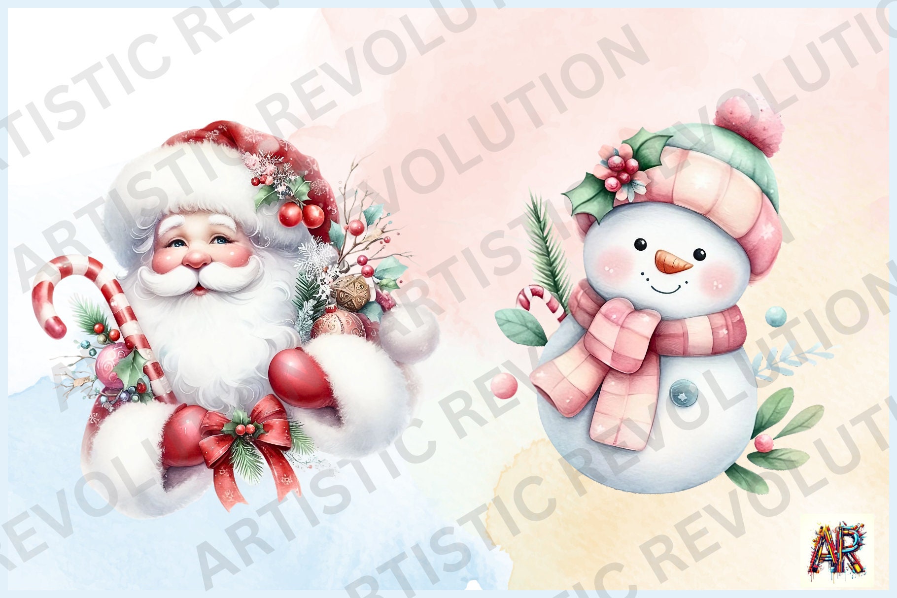 Cute Pastel Christmas Clipart Bundle PNG Watercolor Xmas Clip Art Pink ...