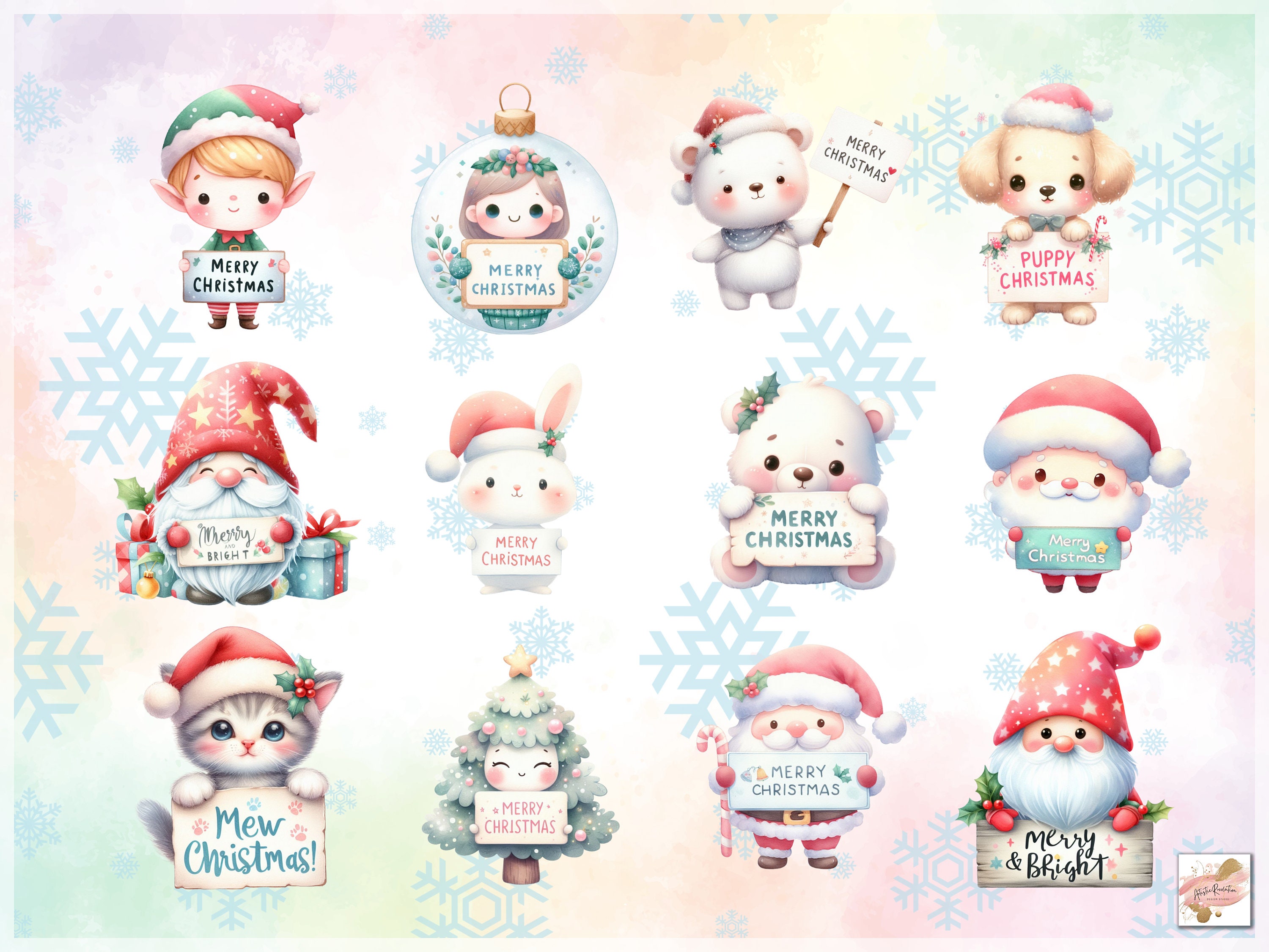 Cute Merry Christmas Clipart Bundle, Watercolor Cute Christmas Clip Art ...