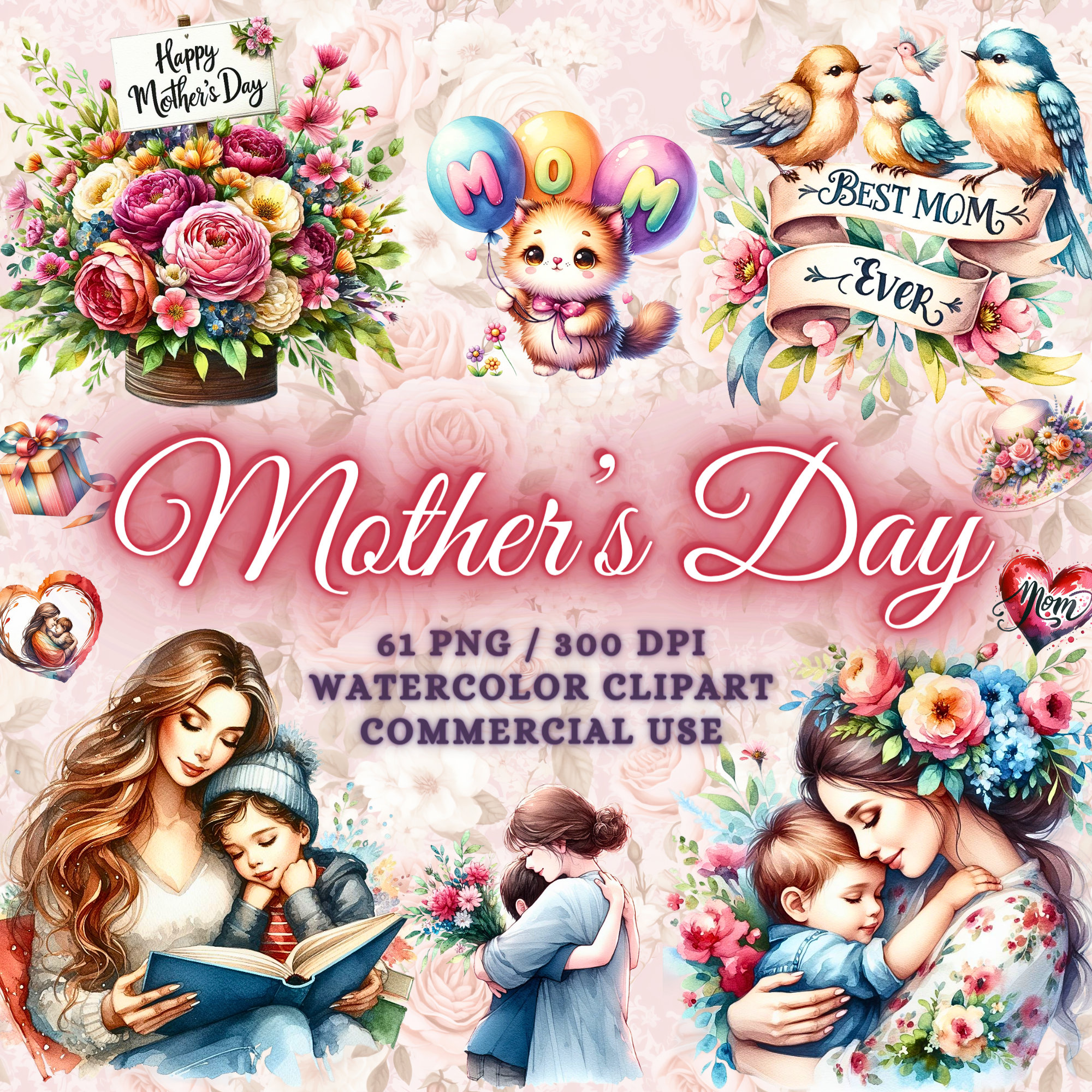 61 Watercolor Mothers Day Clipart Bundle, Mothers Day Png, Mom's Day ...