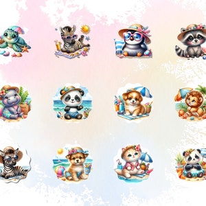 Watercolor Summer Beach Cute Animals Clipart Bundle, Summer Clipart ...
