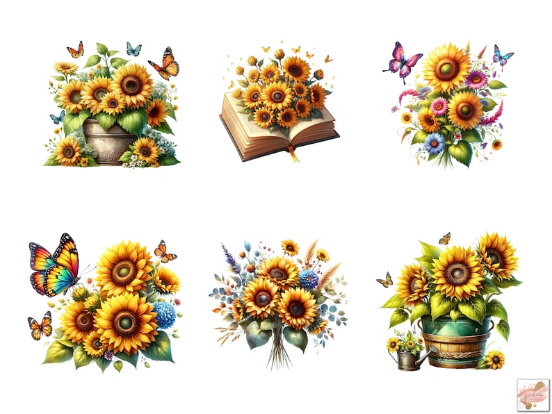 Watercolor Sunflower Clipart Bundle, Sunflower Png Bundle, Watercolor ...