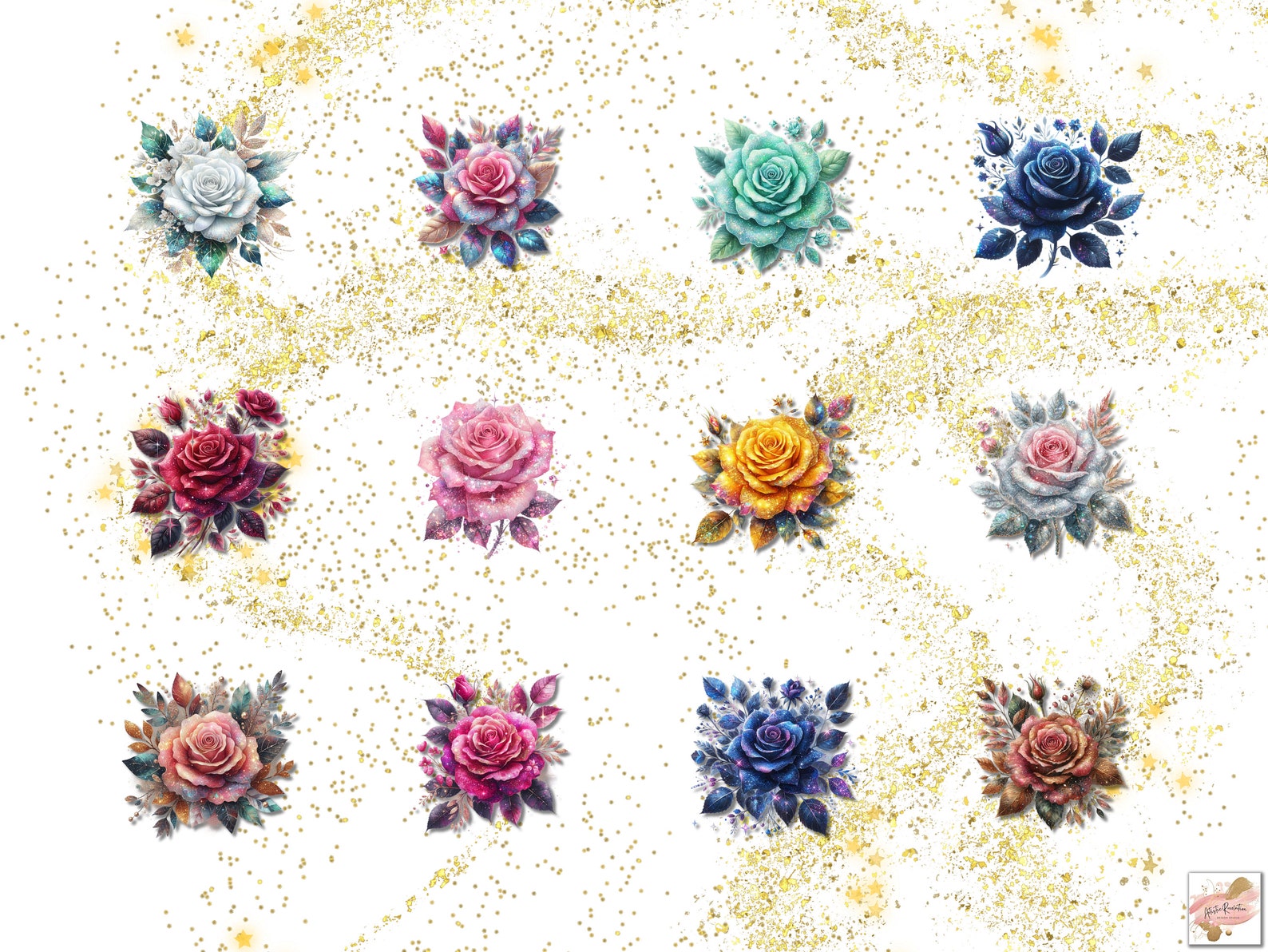 Glitter Roses Clipart Bundle, Watercolor Glitter Flowers Clipart ...
