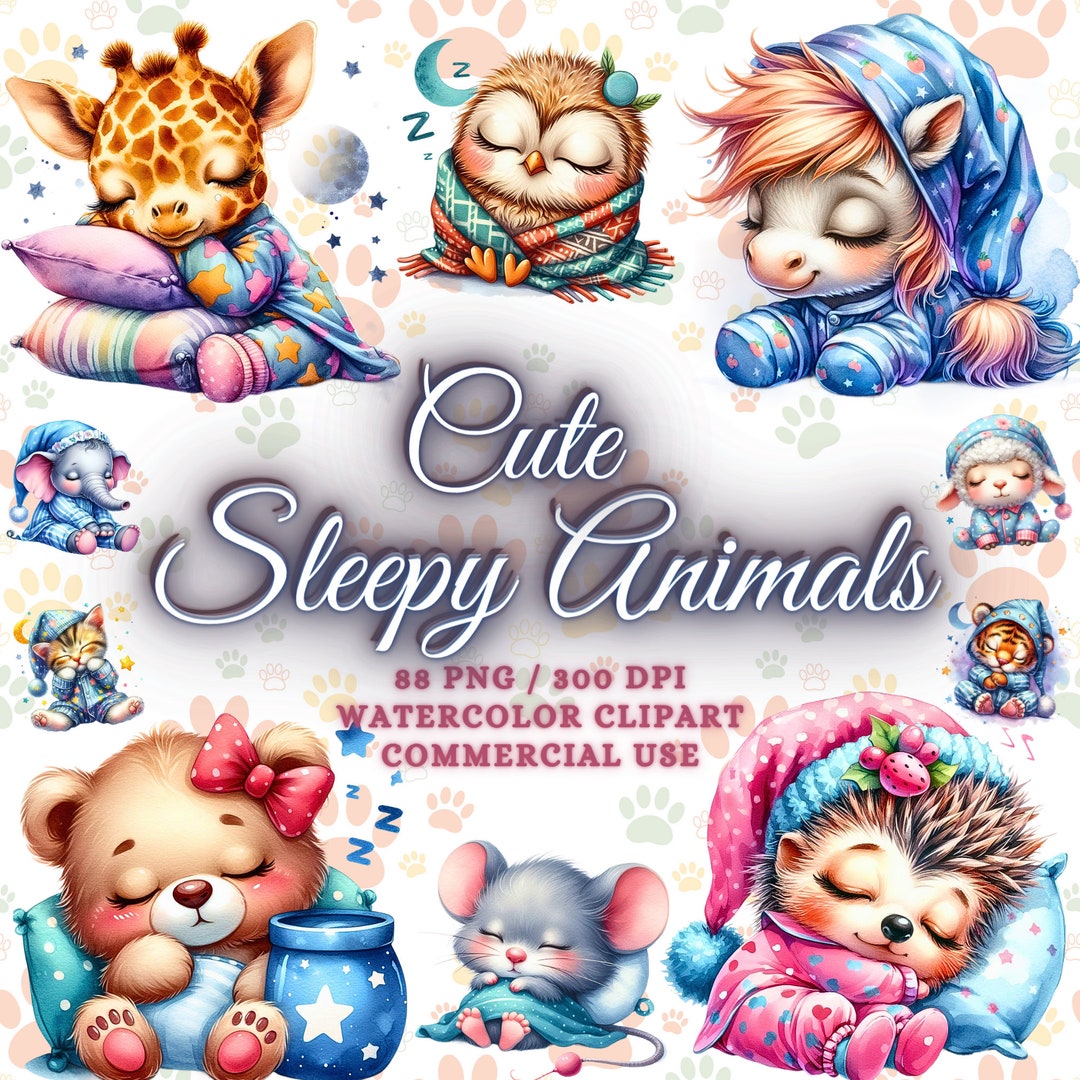 88 Cute Sleepy Animals Clipart Bundle, Watercolor Sleepy Animals Png ...