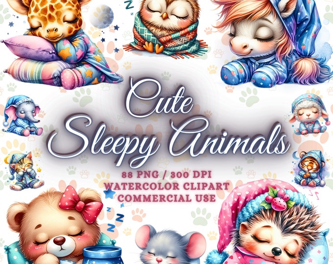 Watercolor Sleepy Animals Clipart Bundle, Cute Animals PNG, Cute Animal ...