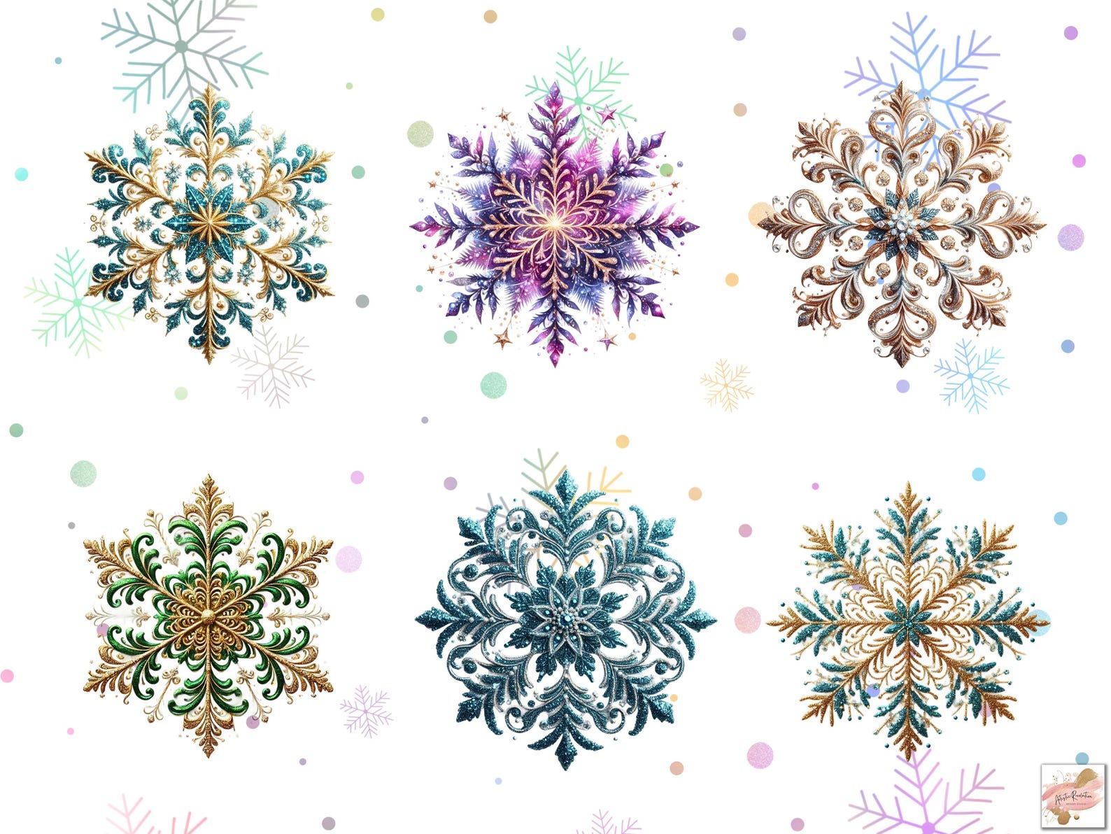 Watercolor Glitter Snowflakes Clipart Bundle, Christmas Snowflake Png ...