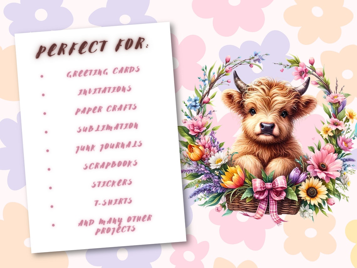 Watercolor Spring Highland Cows Clipart Bundle, Spring Flowers Clipart ...