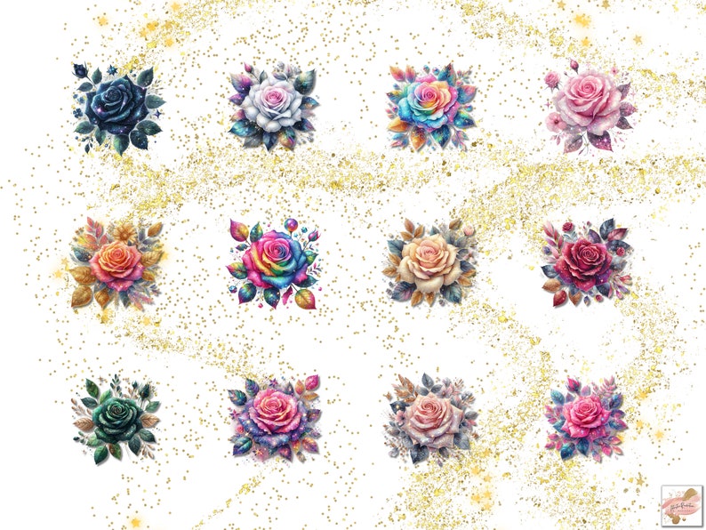 Glitter Roses Clipart Bundle, Watercolor Glitter Flowers Clipart ...