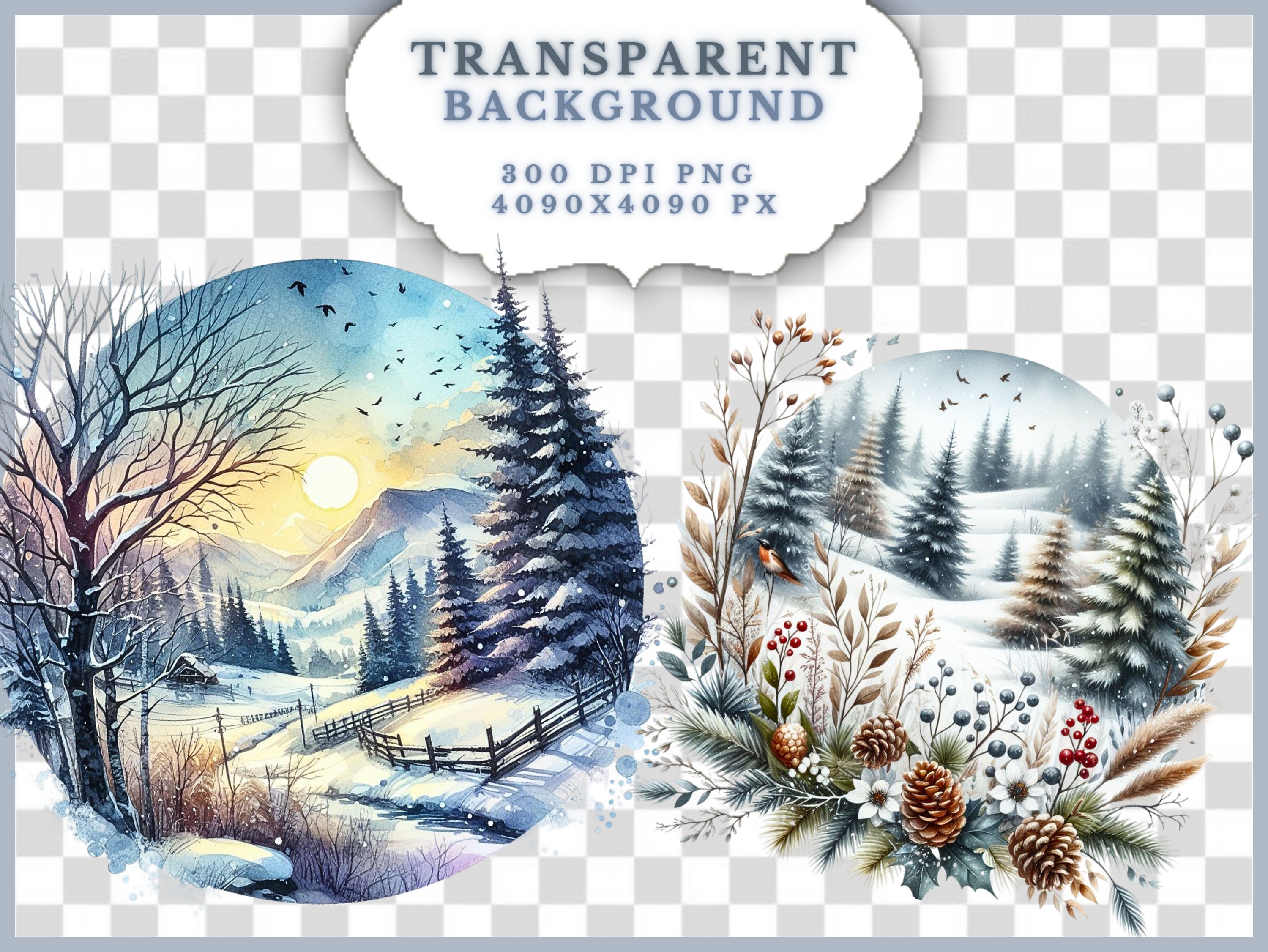 Round Watercolor Winter Scene Clipart Bundle, 32 Winter Scene PNG ...