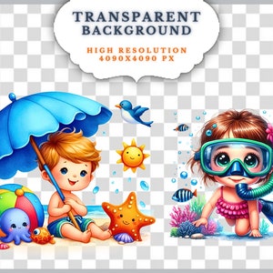 Watercolor Summer Beach Kids Clipart Bundle, Boy Clipart, Baby Girl ...