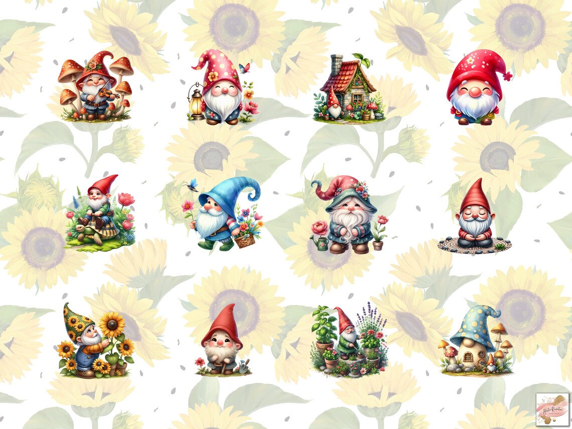 60 Cute Watercolor Garden Gnomes Clipart Bundle, Spring Garden Clipart ...