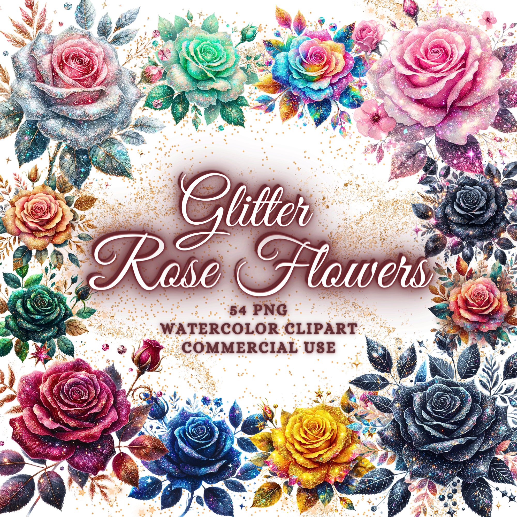 Glitter Roses Clipart Bundle, Watercolor Glitter Flowers Clipart ...