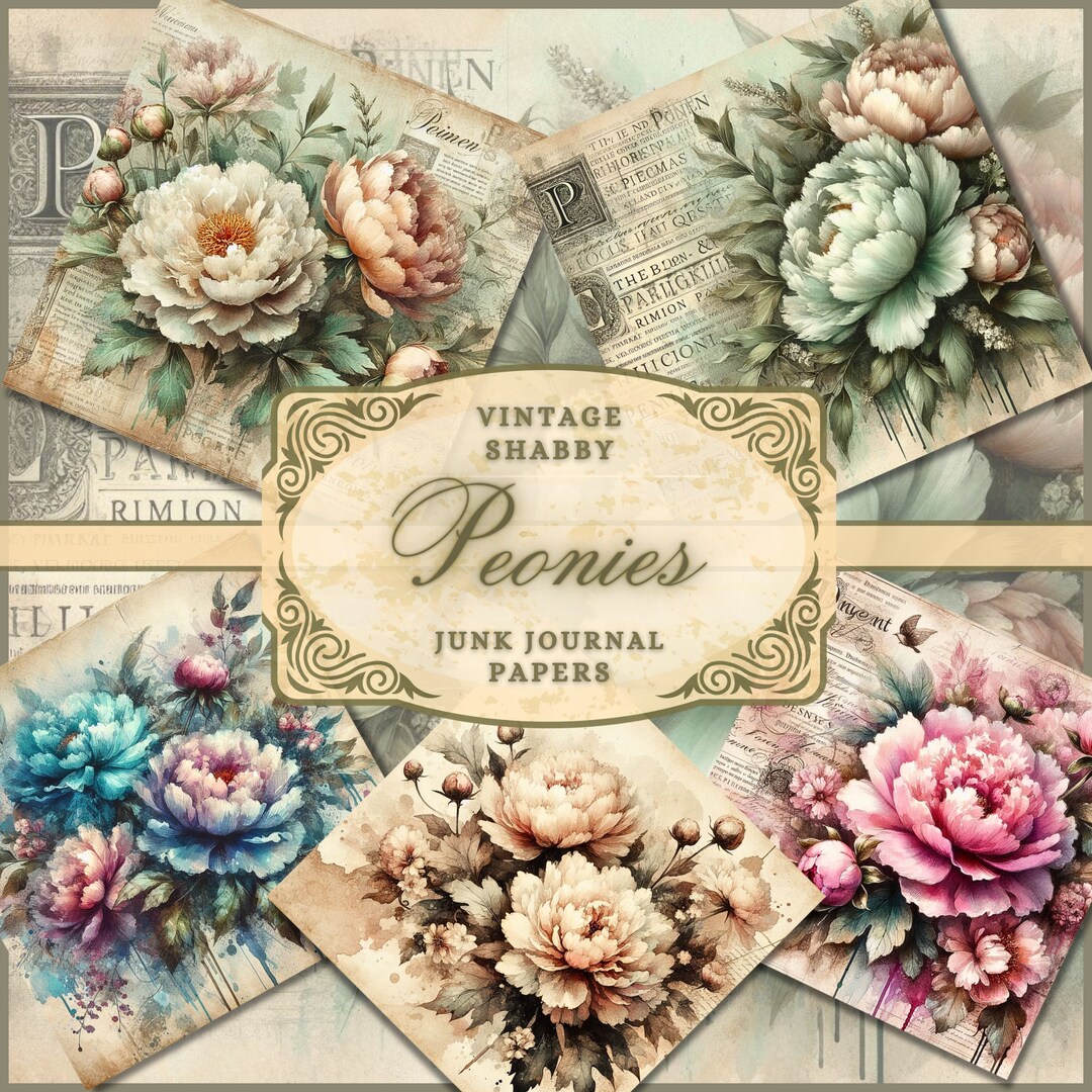 Watercolor Peonies Papers, Vintage Peonies Digital Papers Peony Journal ...