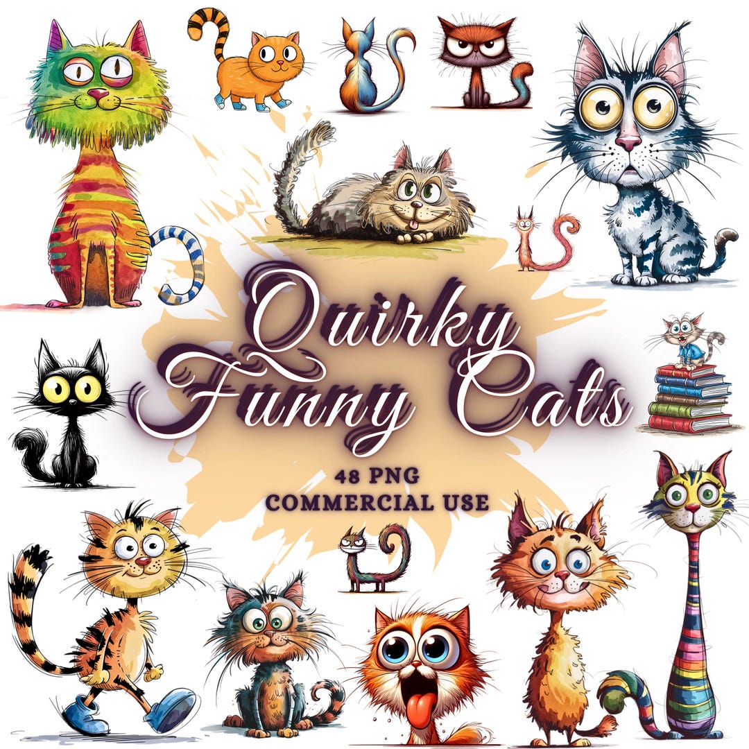 Quirky Cat Clipart PNG Whimsical Kitten Sublimation Clip Art Cute ...