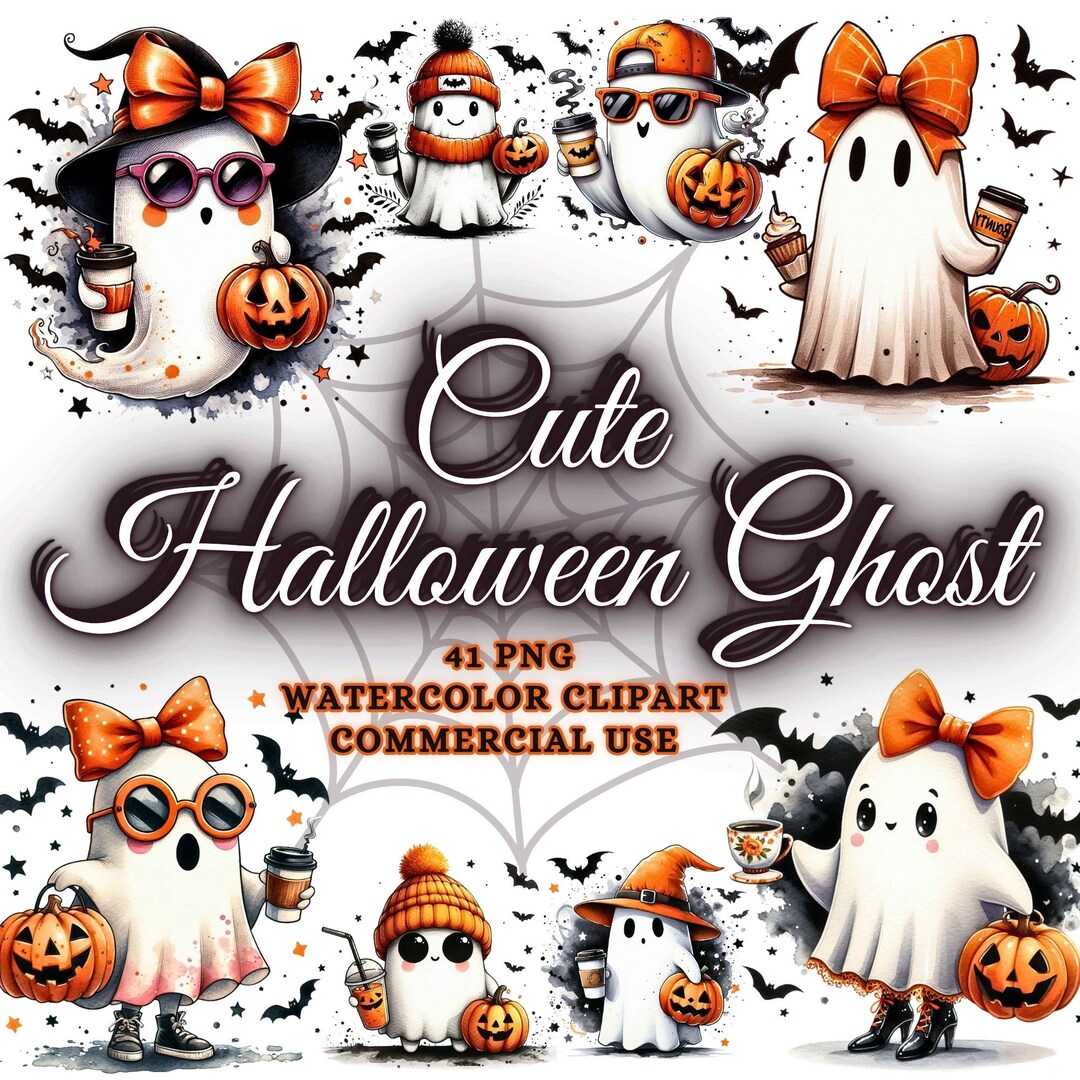Watercolor Halloween Ghost Clipart Bundle Cute Ghost Png Cute Ghost ...