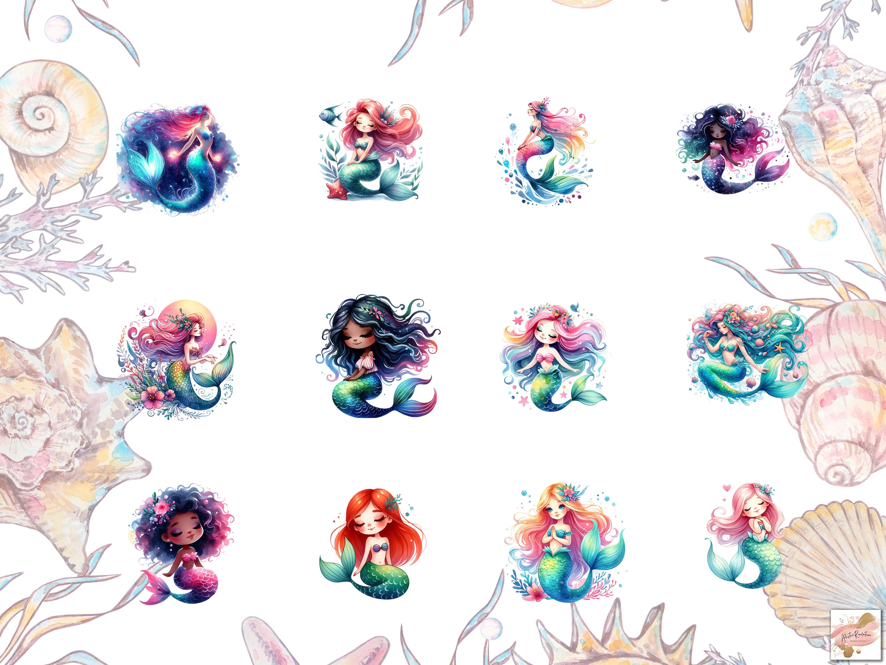 70 Watercolor Mermaids Clipart Bundle, Little Mermaid Clipart Png, Sea ...