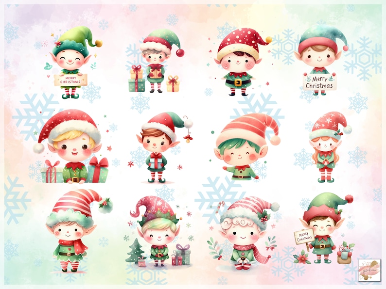 Christmas Elves Watercolor Clipart Cute Elf Clipart Bundle - Etsy