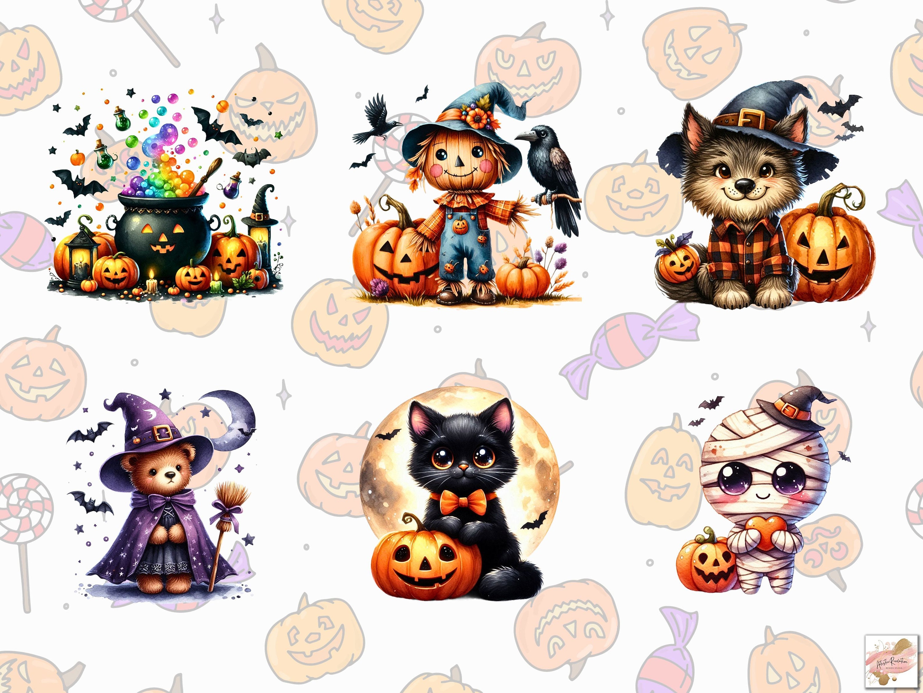 65 Watercolor Cute Halloween Clipart Bundle, Halloween PNG Bundle, Jack ...