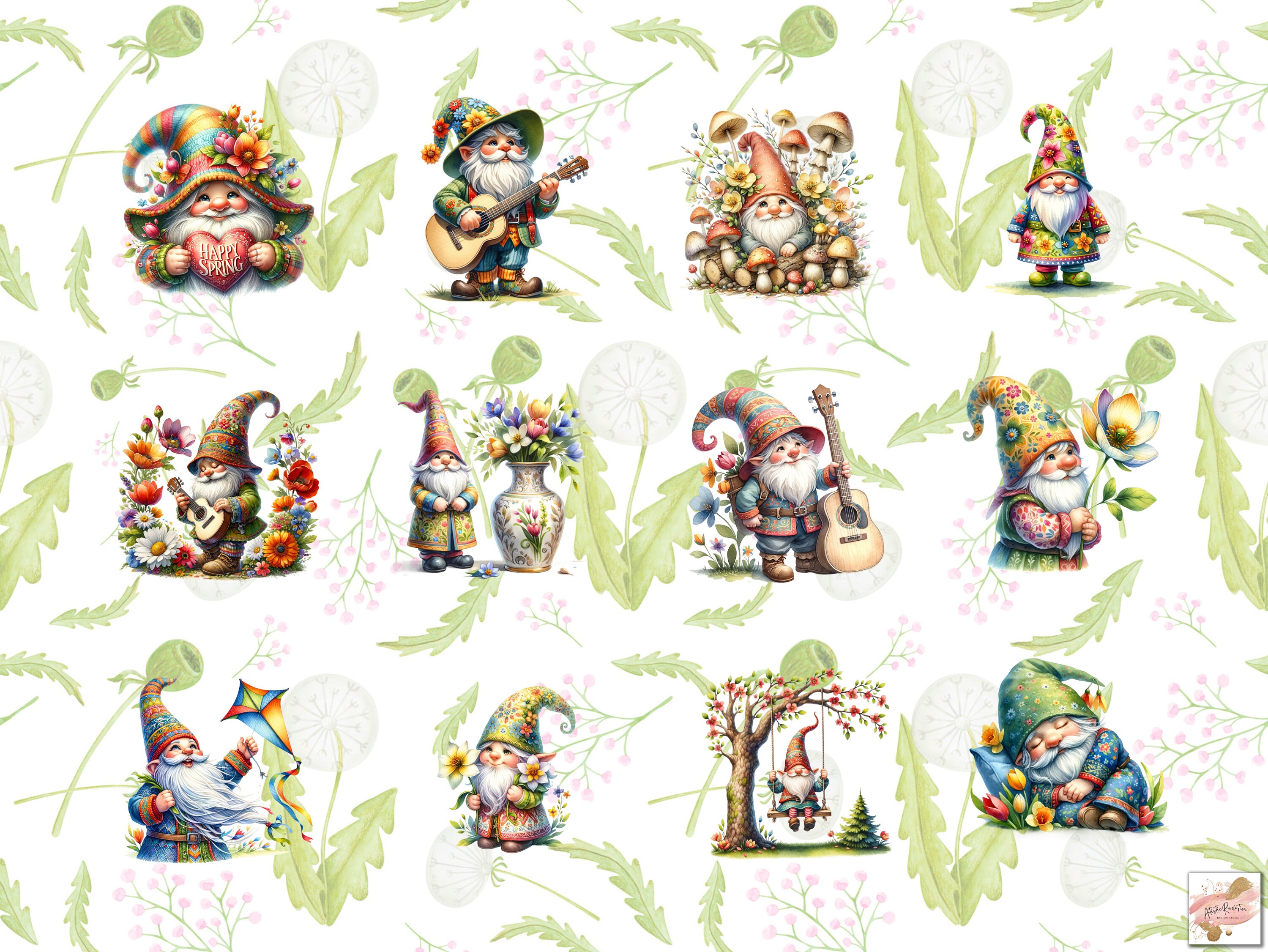 115 Watercolor Spring Garden Gnomes Clipart Bundle, Cute Gnomes Png ...