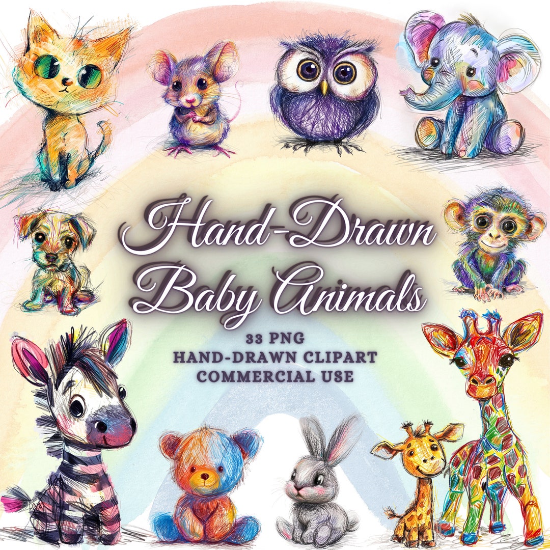 33 Hand-drawn Cute Animals Clipart Bundle, Baby Animals Clipart Bundle ...