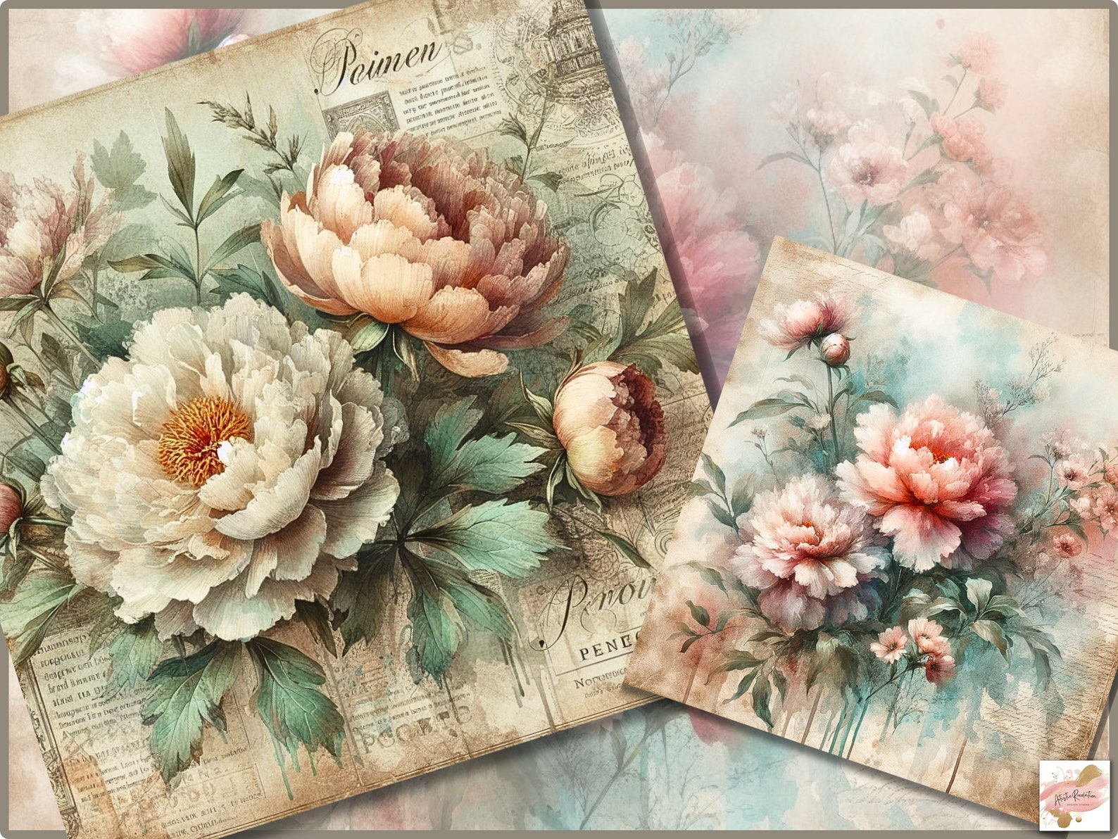 Watercolor Peonies Papers, Vintage Peonies Digital Papers Peony Journal ...