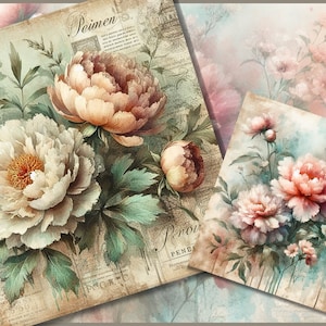 Watercolor Peonies Papers, Vintage Peonies Digital Papers Peony Journal ...