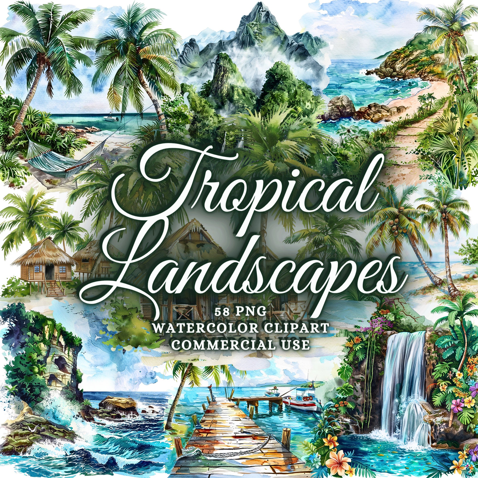 58 Watercolor Summer Tropical Landscapes Clipart Bundle, Summer ...