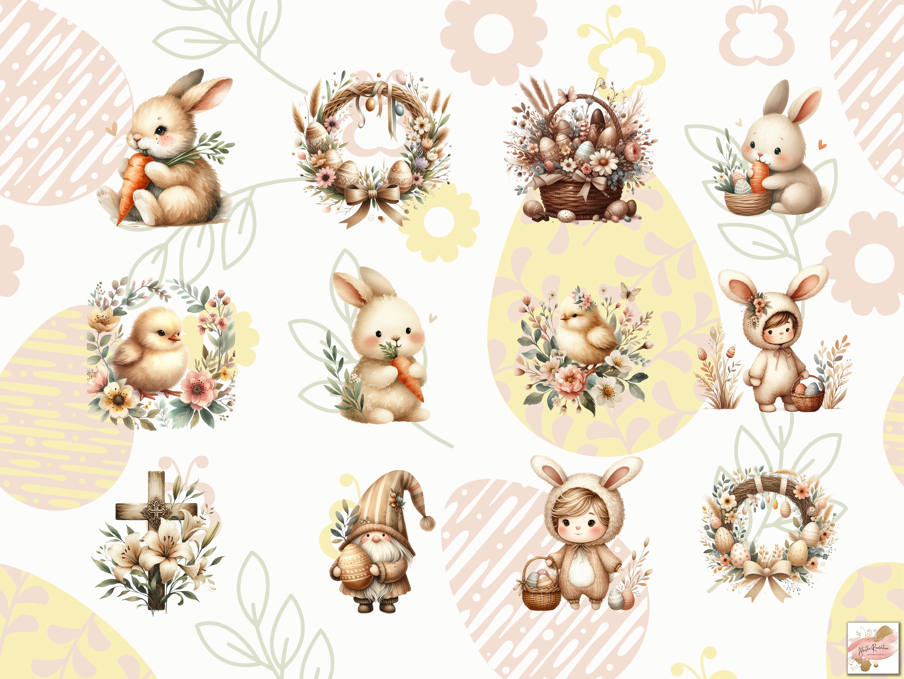 Boho Watercolor Easter Clipart Bundle, Easter Bunny, Easter Egg, Easter ...