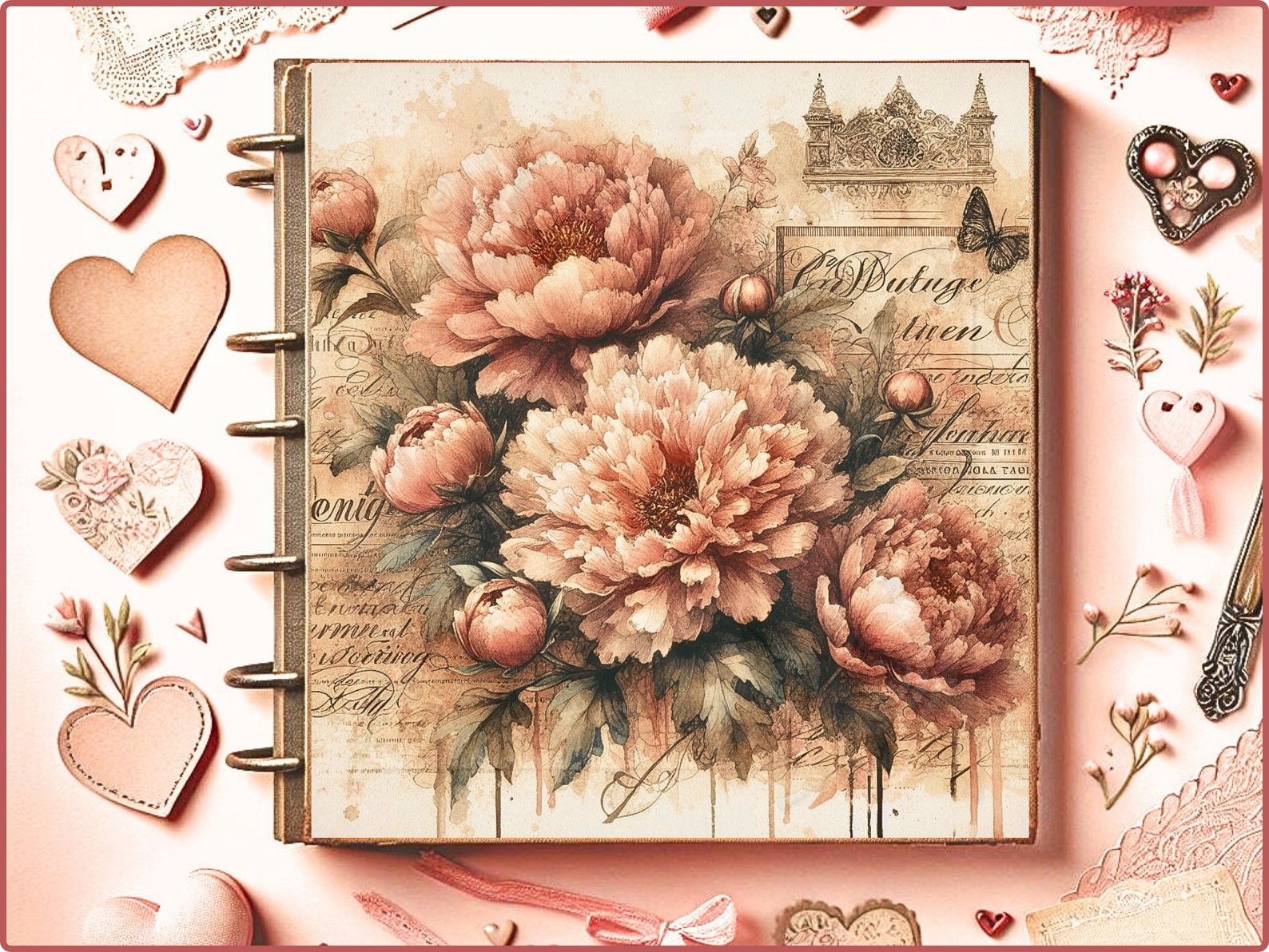 Watercolor Peonies Papers, Vintage Peonies Digital Papers Peony Journal ...