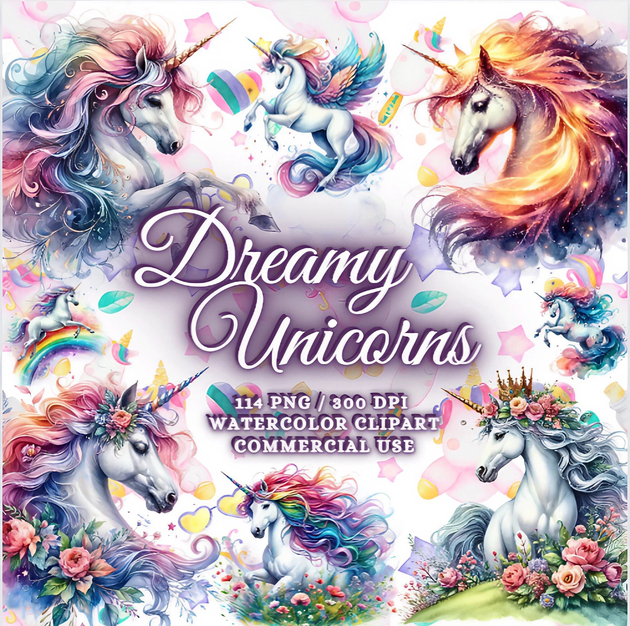 114 Watercolor Unicorns Clipart Bundle, Rainbow Unicorn Clipart Png ...