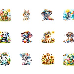 Watercolor Summer Cute Animals Clipart Bundle, Cute Summer Clipart ...