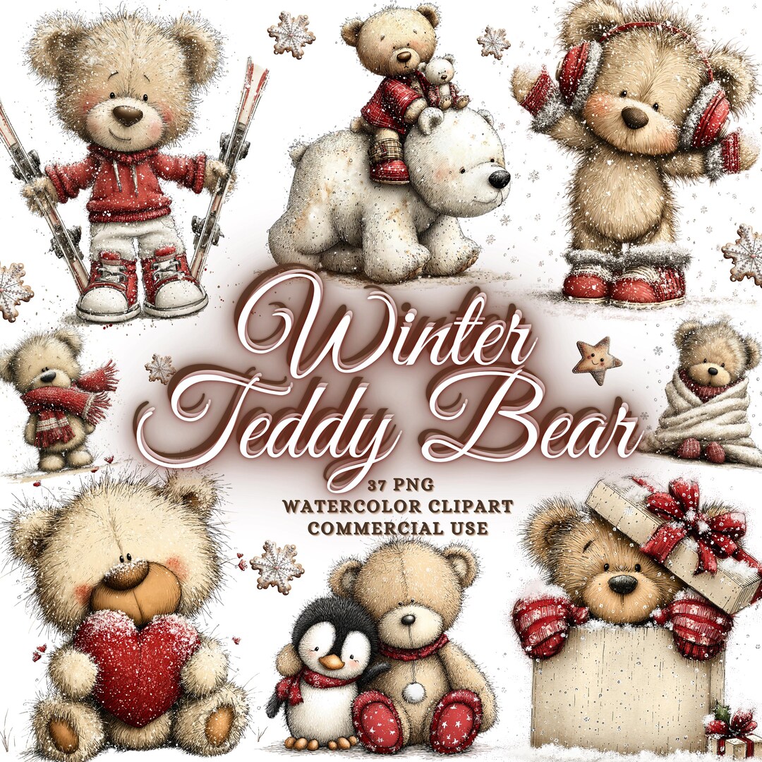 37 Whimsical Winter Teddy Bear Clipart Bundle, Christmas Quirky Teddy ...