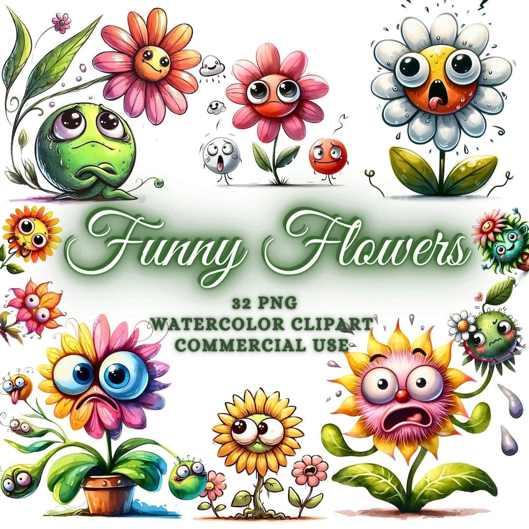 32 Watercolor Funny Cute Flowers Clipart Bundle, Funny Flower Png ...