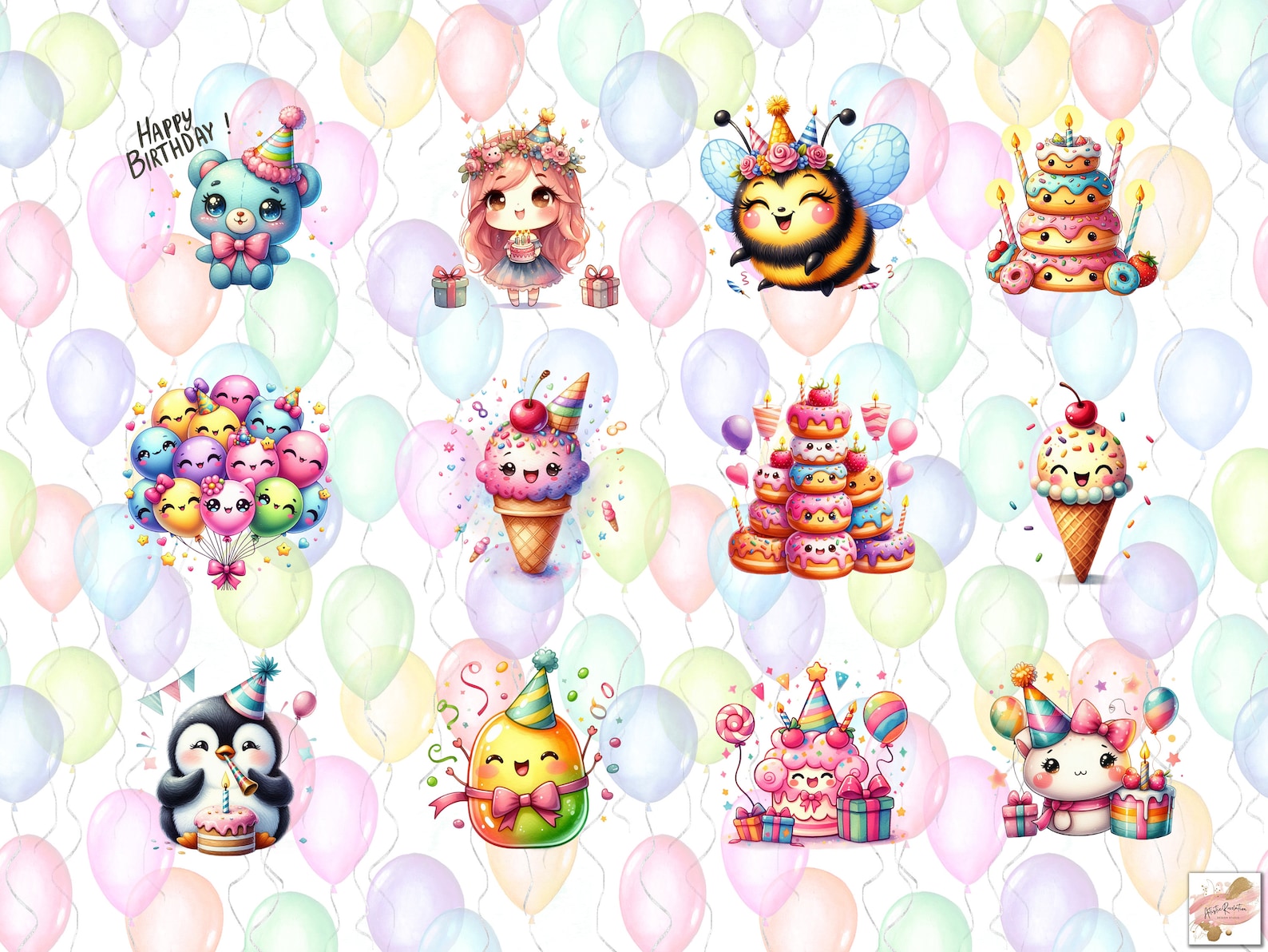 62 Cute Kawaii Birthday Clipart Bundle, Kawaii Birthday Png, Happy ...