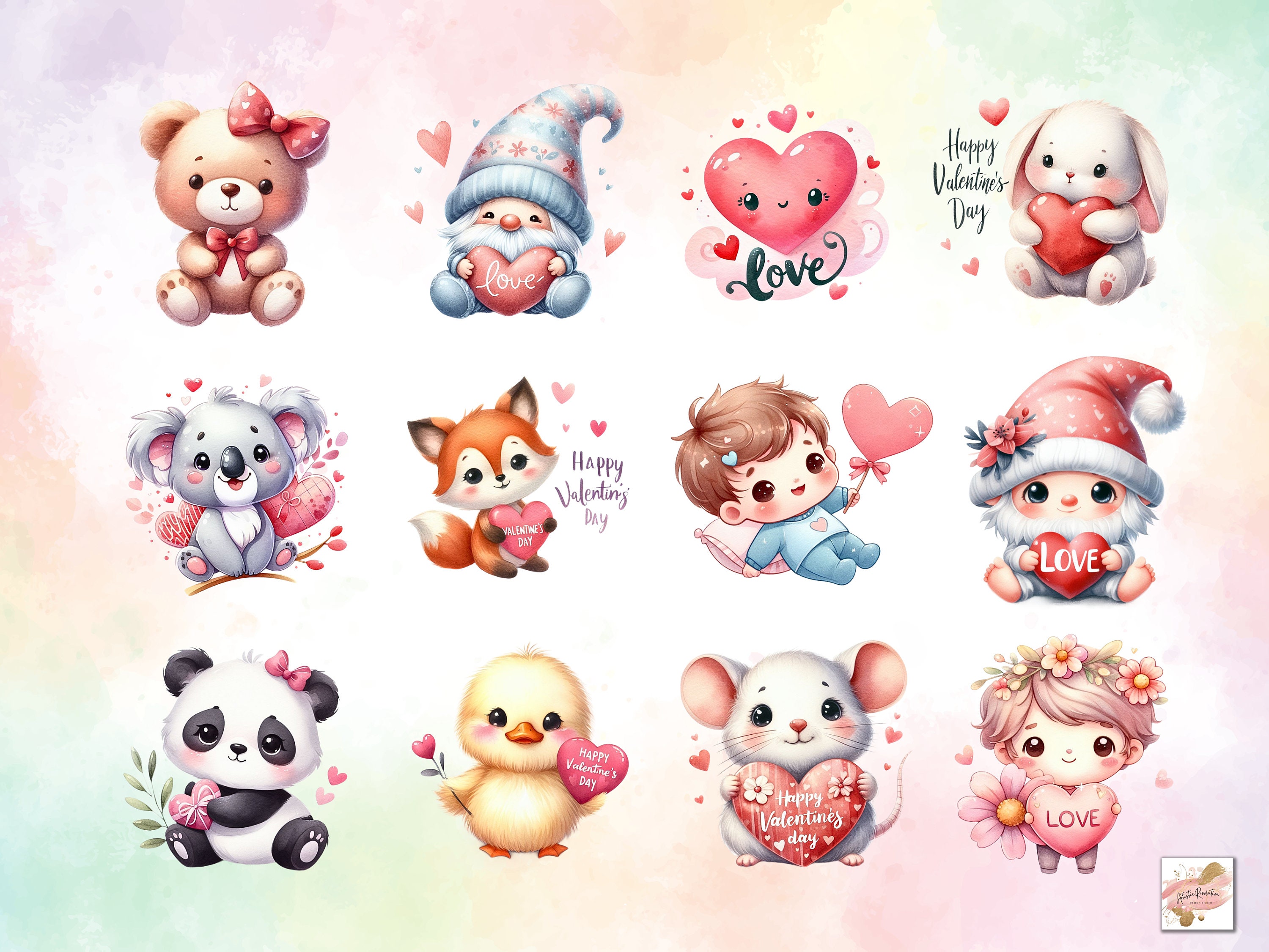 Cute Funny Watercolor Valentine Clipart Bundle Cute Valentine Heart ...
