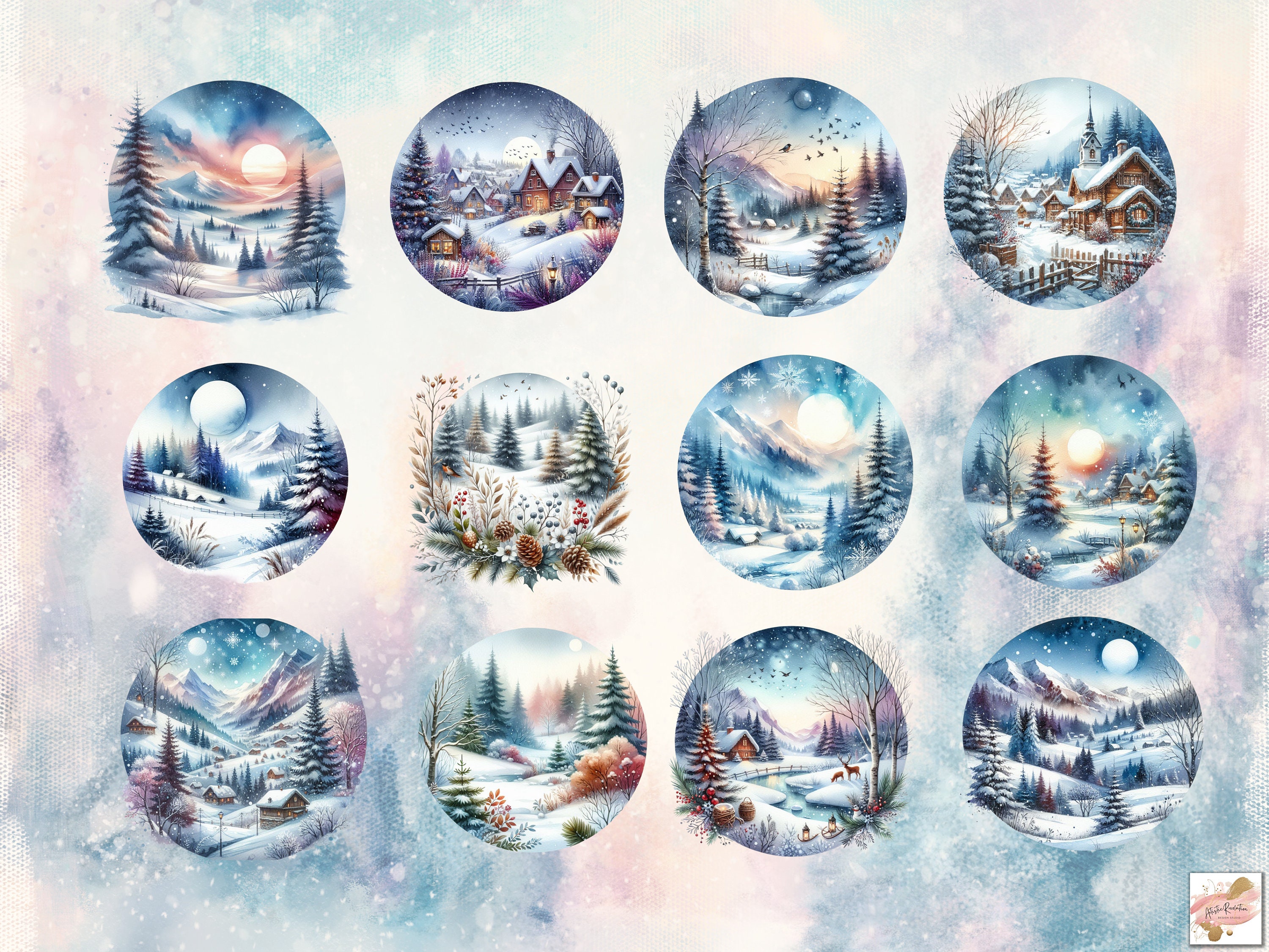 Round Watercolor Winter Scene Clipart Bundle, 32 Winter Scene PNG ...