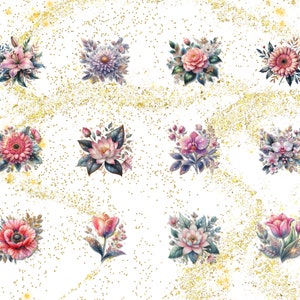 60 Watercolor Glitter Flowers Clipart Bundle, Glitter Flower Png Set ...